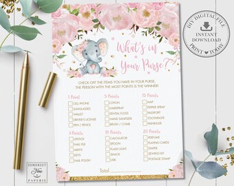 Pink Elephant Baby Shower Game Whats in Your Purse Game Girl - Etsy