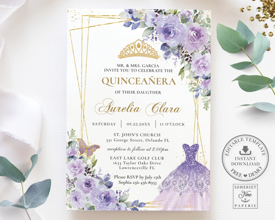 Purple Lilac Floral Quinceañera Invitation INSTANT DOWNLOAD, Dress ...
