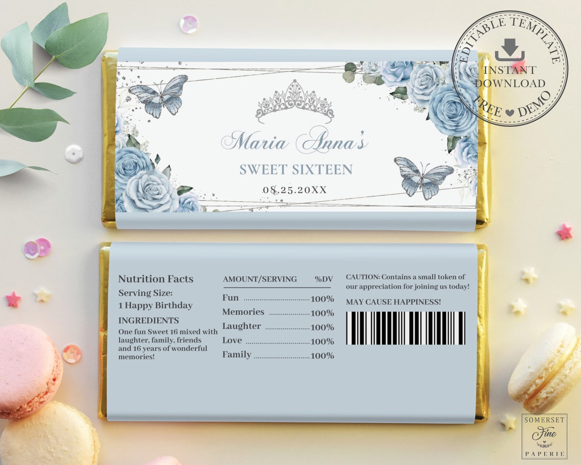 Baby Blue Floral Silver Butterflies Chocolate Bar Wrapper - Etsy