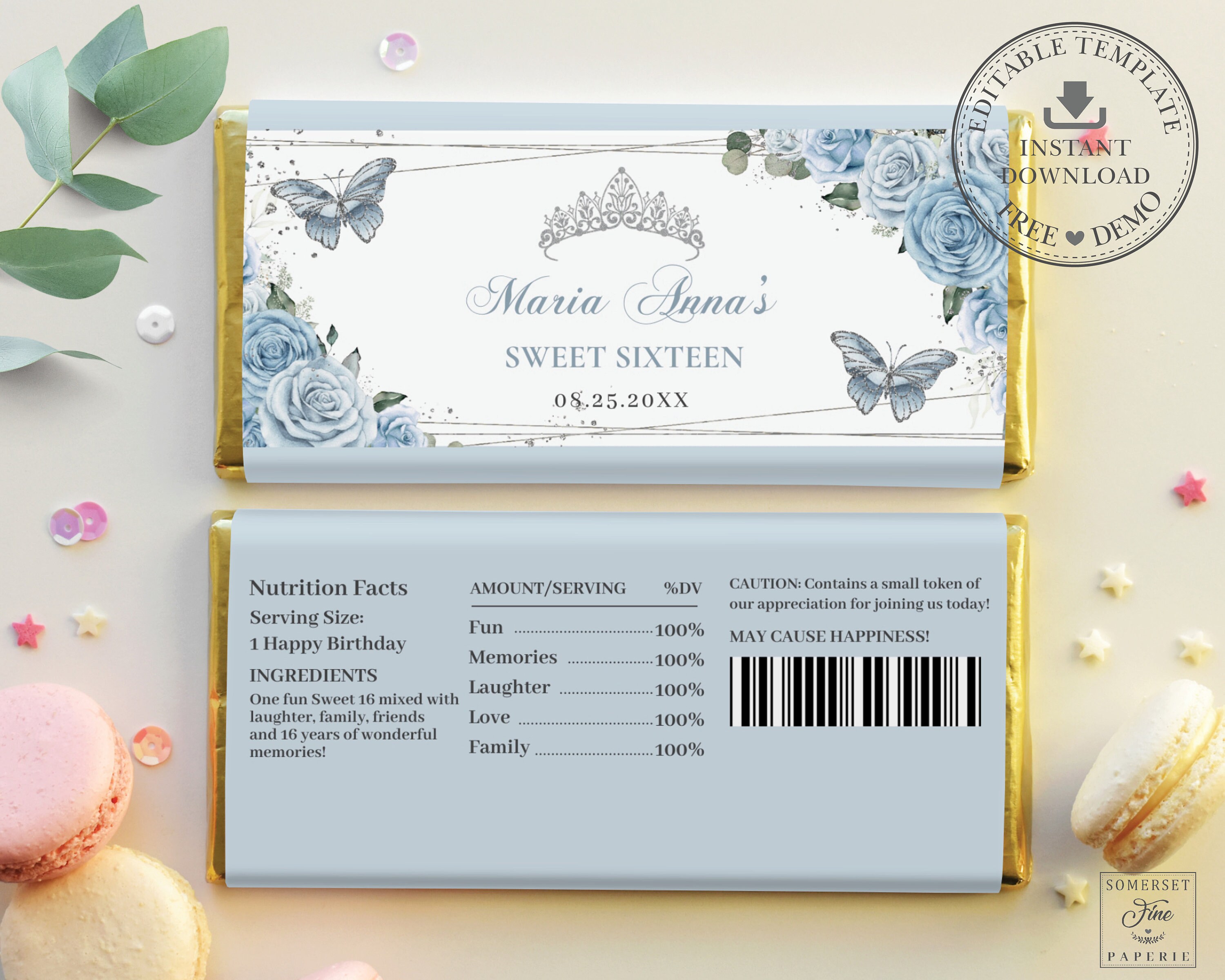 Baby Blue Floral Silver Butterflies Chocolate Bar Wrapper - Etsy