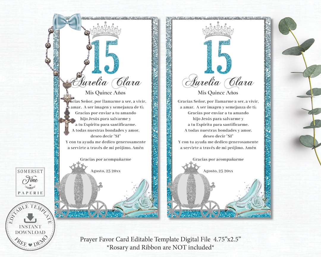EDITABLE Prayer Card Rosary Favor Turquoise Blue Silver Princess ...
