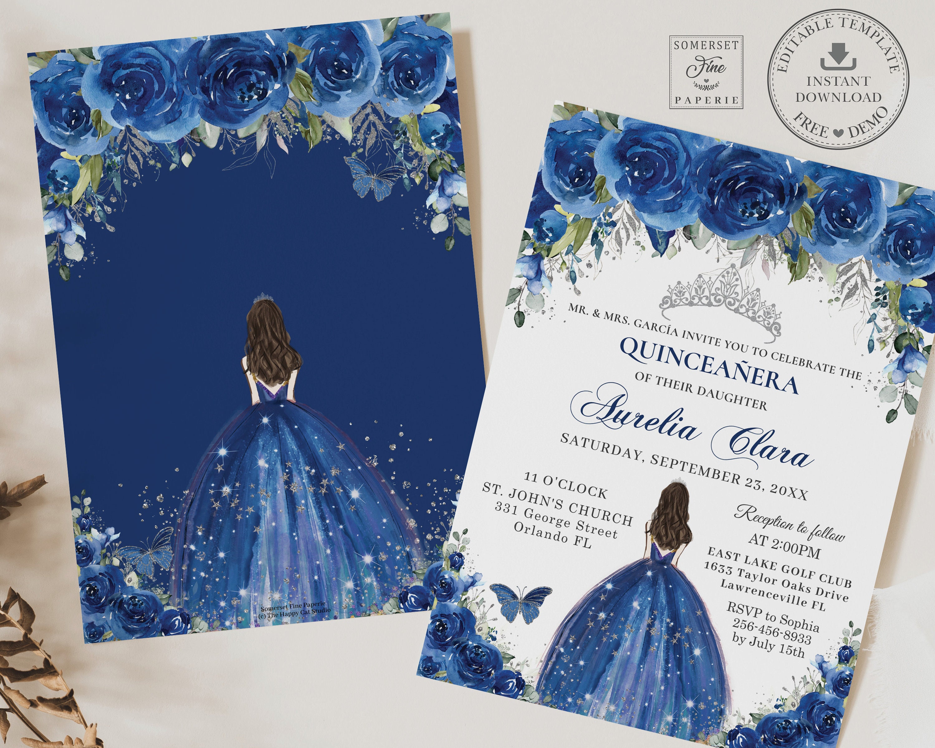 Royal Blue Floral Quinceañera Invitation Printable, EDITABLE TEMPLATE ...