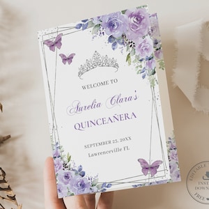 Purple Lilac Floral Silver Butterflies Quinceañera Program Printable ...