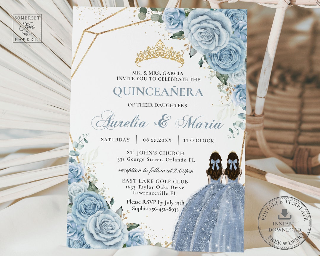 EDITABLE Baby Blue Floral Gold Quinceañera Invitation Quince 15 XV ...