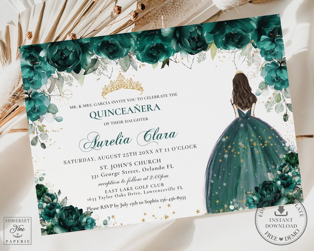 Emerald Green Floral Gold Quinceañera Invitation Card, INSTANT DOWNLOAD ...