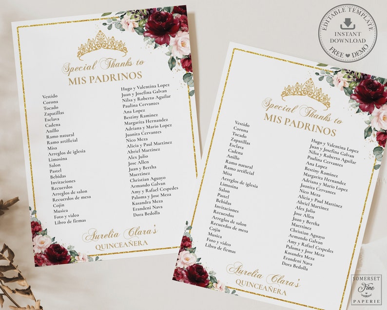 Burgundy Blush Floral Quinceañera Padrinos List Printable - Etsy Hong Kong