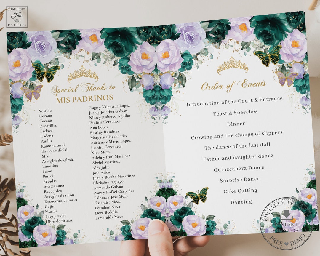 Emerald Green Purple Floral Butterflies Quinceañera Program Printable ...