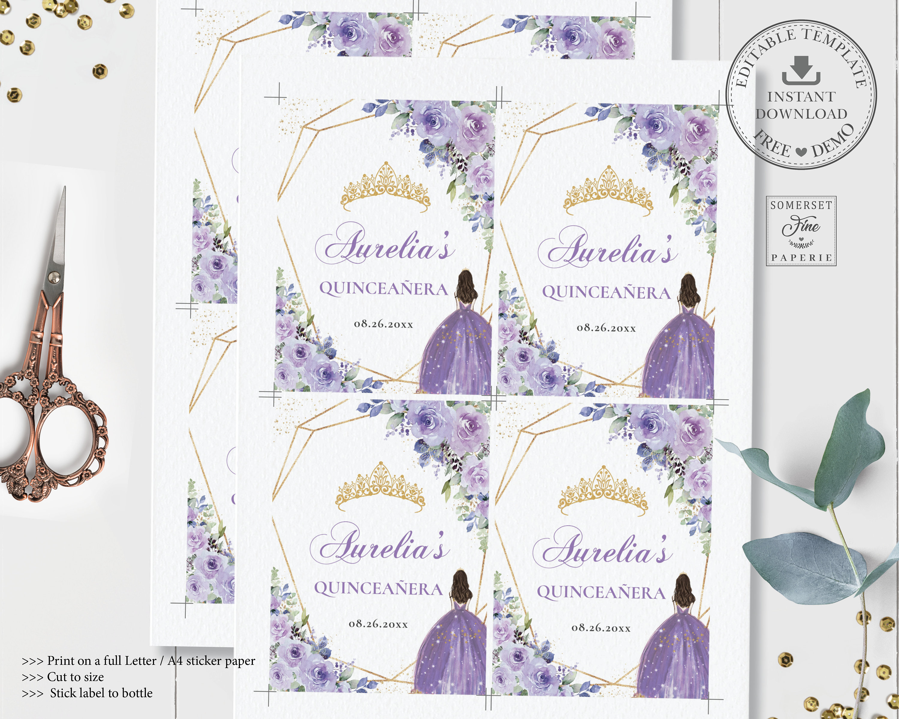 EDITABLE TEMPLATE Wine Bottle Labels Purple Lilac Floral - Etsy