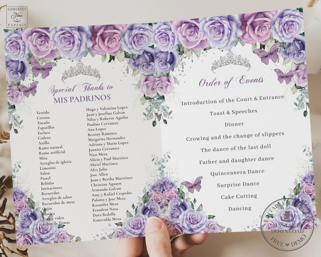 Purple Lilac Lavender Floral Silver Butterflies Quinceañera Program ...