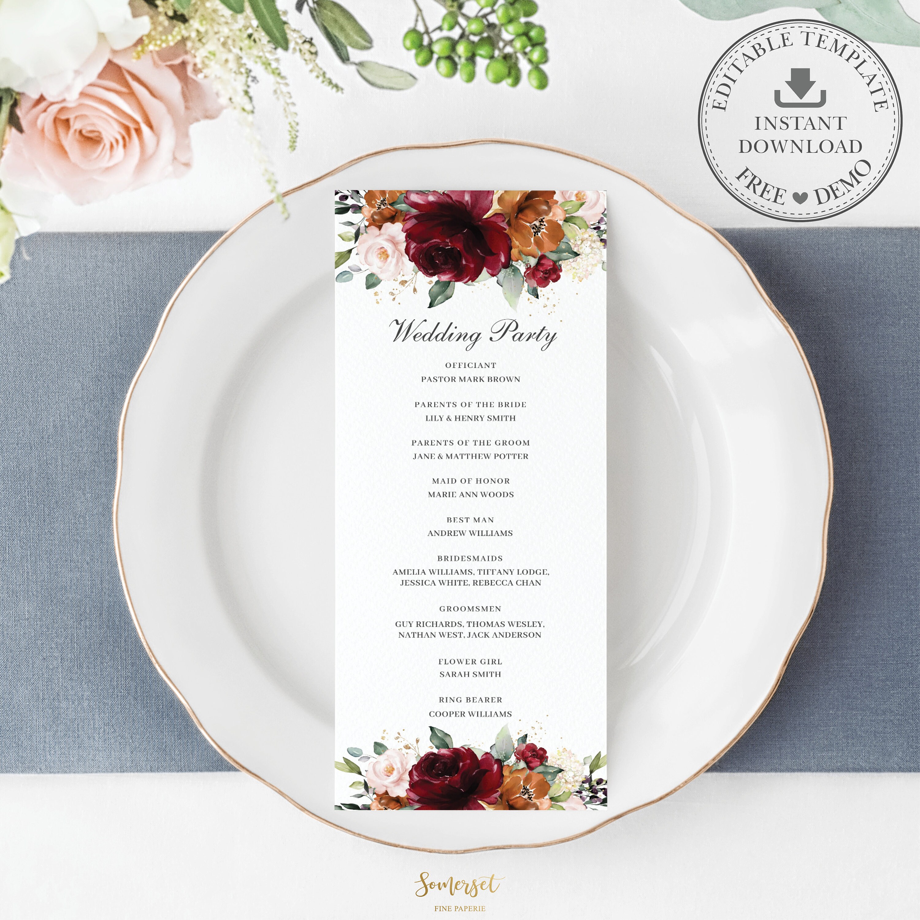 Slim Burgundy Orange Floral Wedding Program EDITABLE TEMPLATE - Etsy