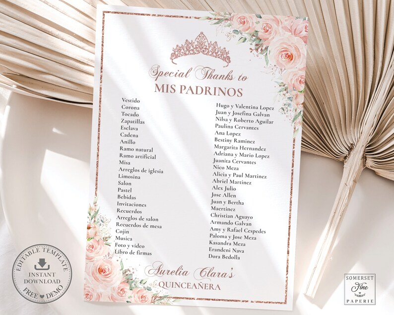 Blush Pink Floral Rose Gold Quinceañera Mis Padrinos List Printable ...