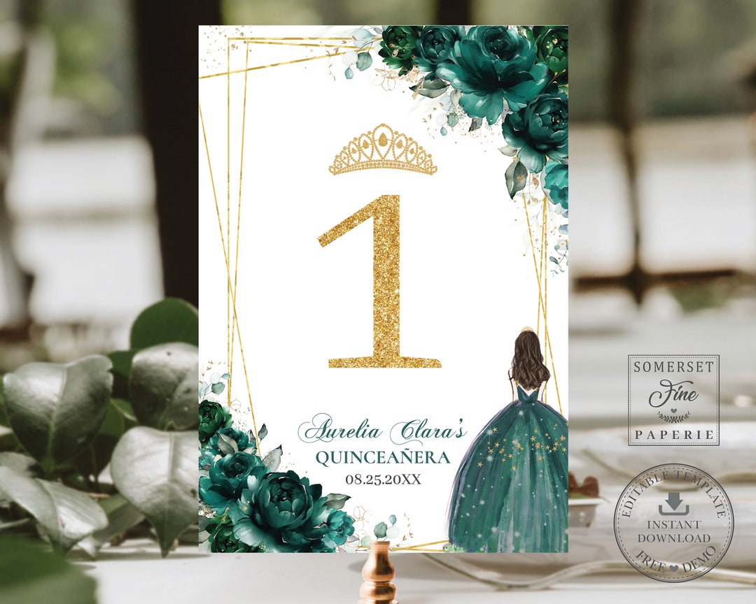 Emerald Green Floral Brunette Princess Table Number EDITABLE TEMPLATE ...