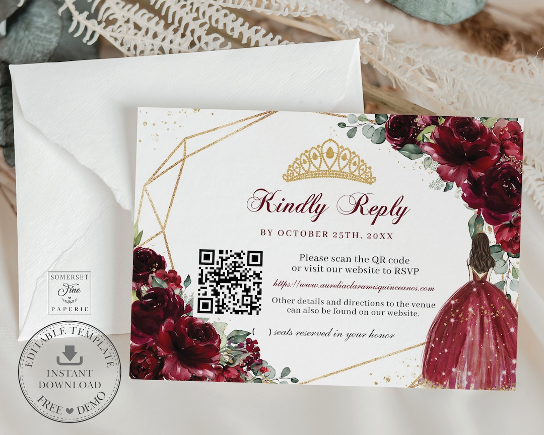 Burgundy Red Floral Gold Quinceañera RSVP Card QR Code Printable ...