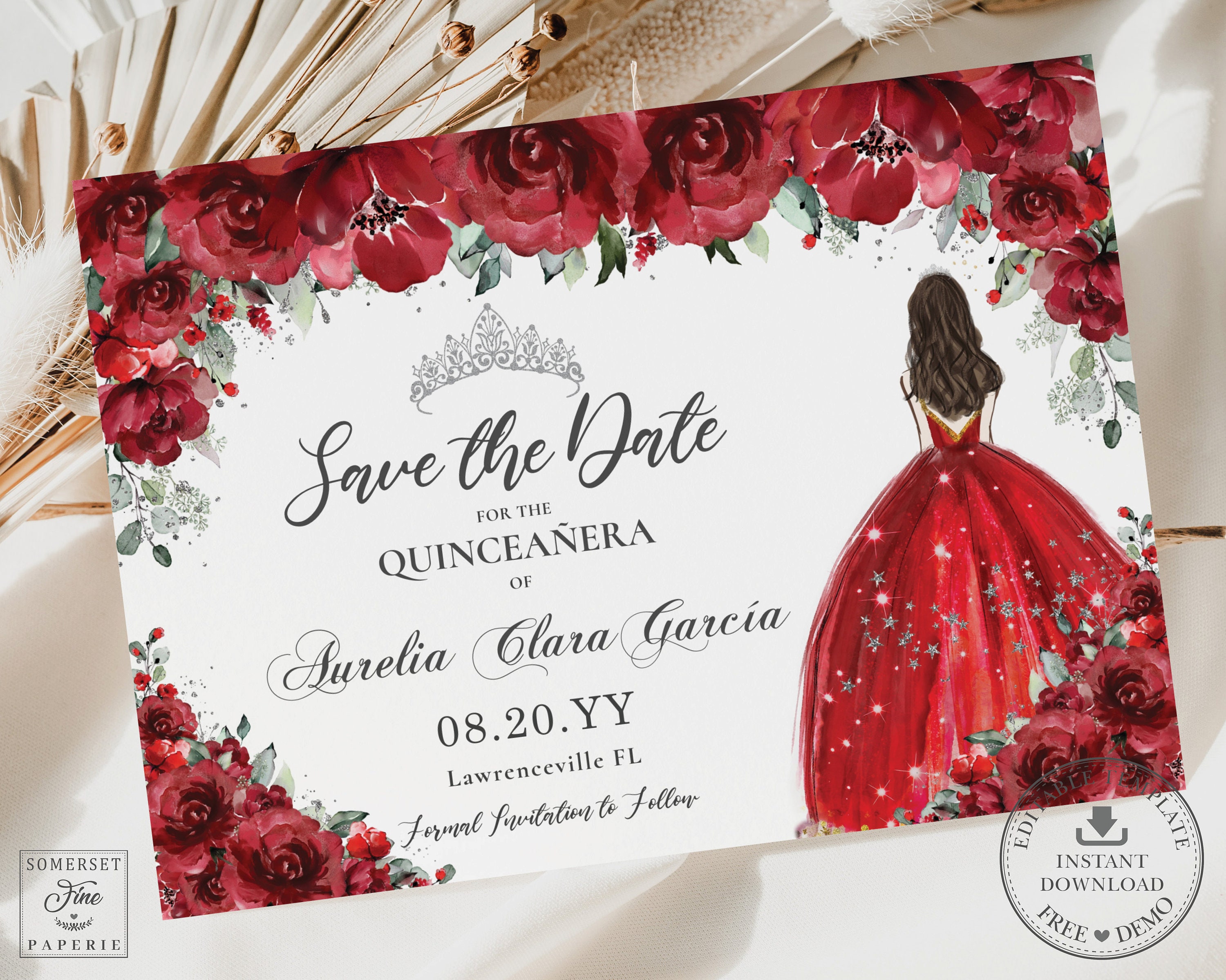 Red Floral Quinceañera Save the Date Card Silver INSTANT DOWNLOAD ...