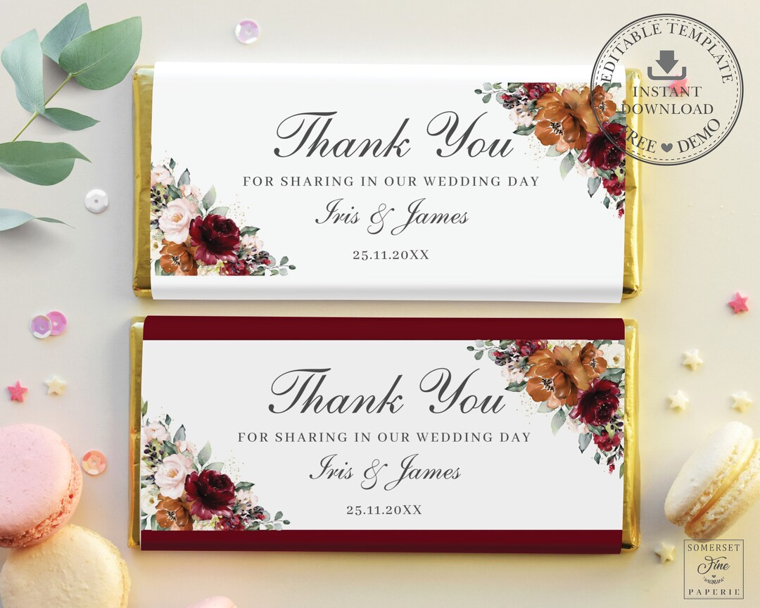 Burgundy Rust Orange Pink Floral Wedding Chocolate Bar Label EDITABLE ...