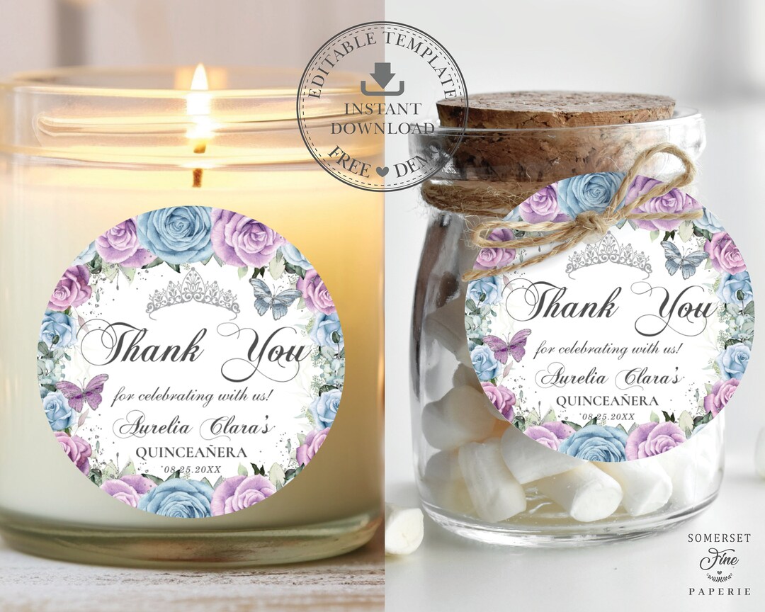 EDITABLE TEMPLATE 2" Round Favor Labels Baby Blue Purple Lilac Floral ...