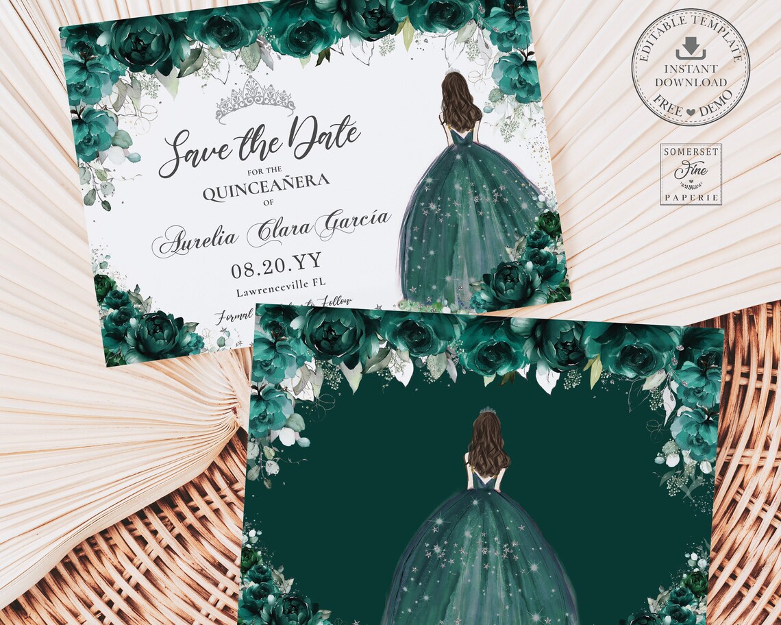 Emerald Green Floral Quinceañera Save the Date Card, INSTANT DOWNLOAD ...