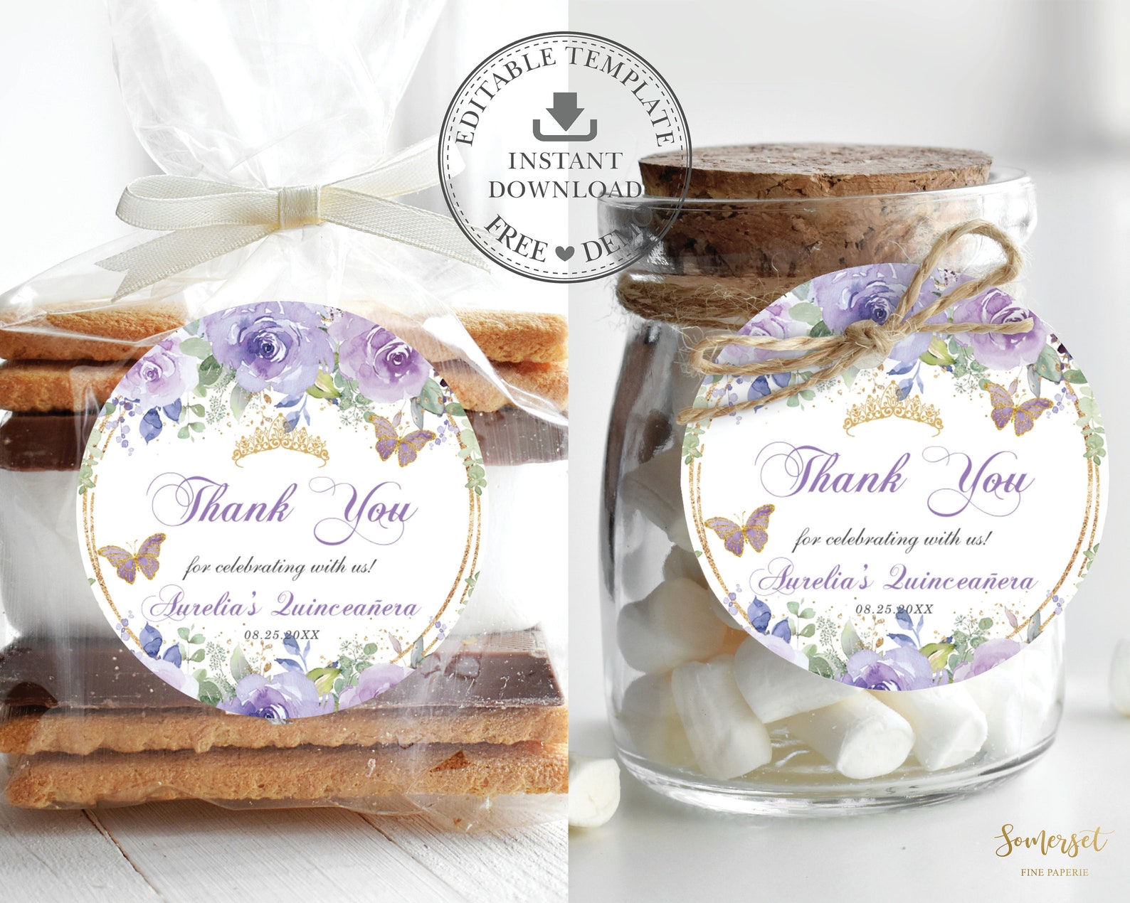 EDITABLE TEMPLATE 2" Circle Favor Label, Purple Lilac Floral ...
