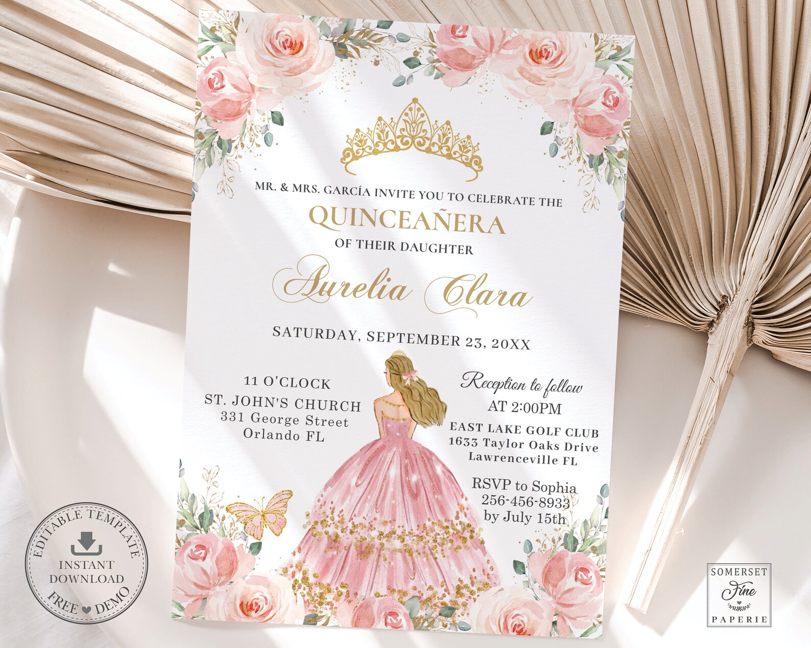 Blush Pink Floral Quinceañera Invitation Printable, EDITABLE TEMPLATE ...