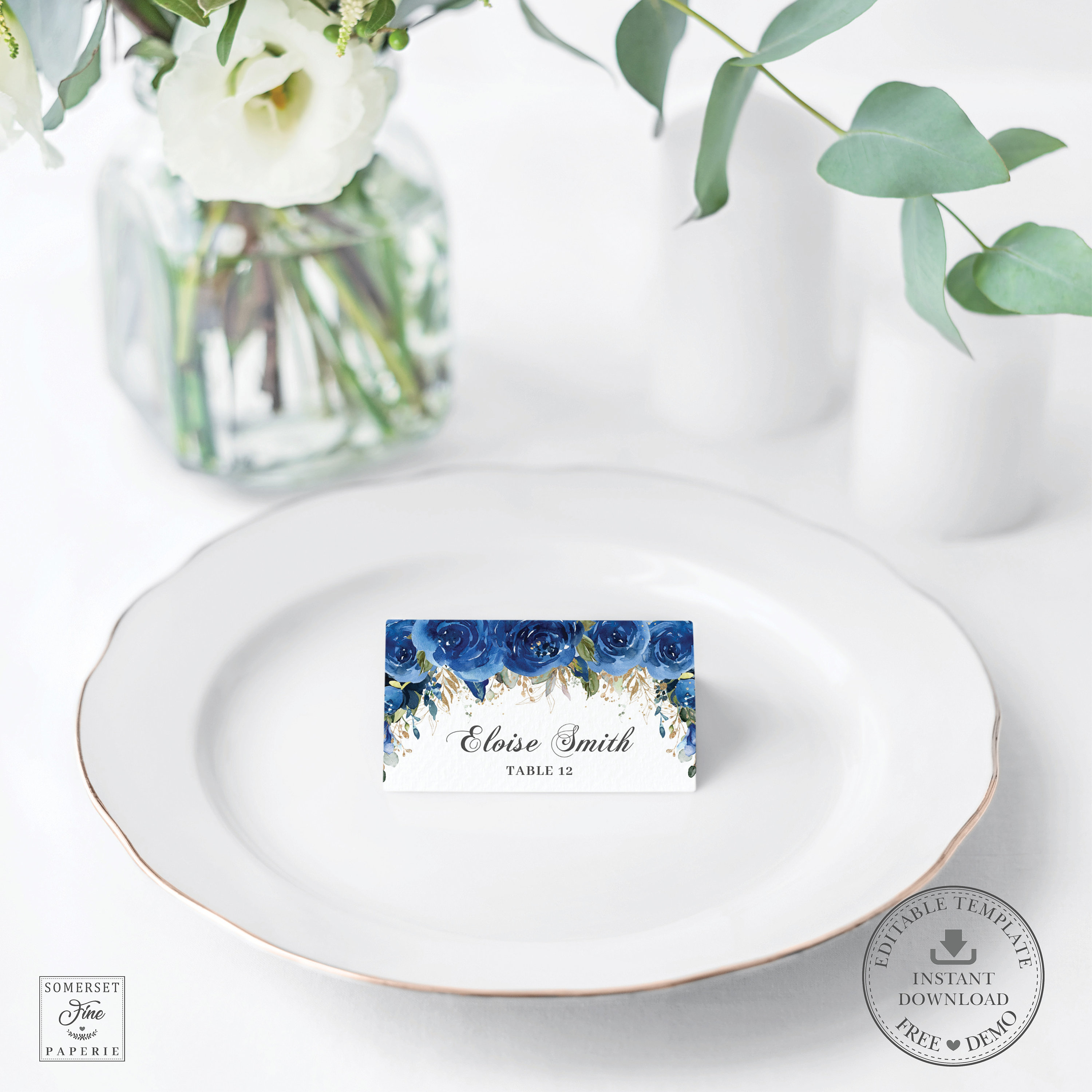 Royal Blue Floral Place Cards Printable EDITABLE TEMPLATE - Etsy