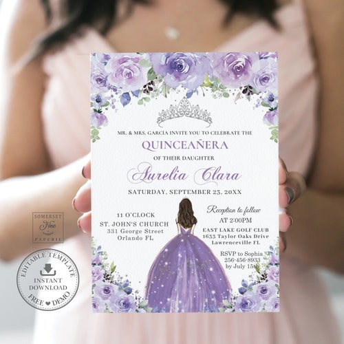Lavender Lilac Purple Floral Silver Quinceañera Invitation - Etsy