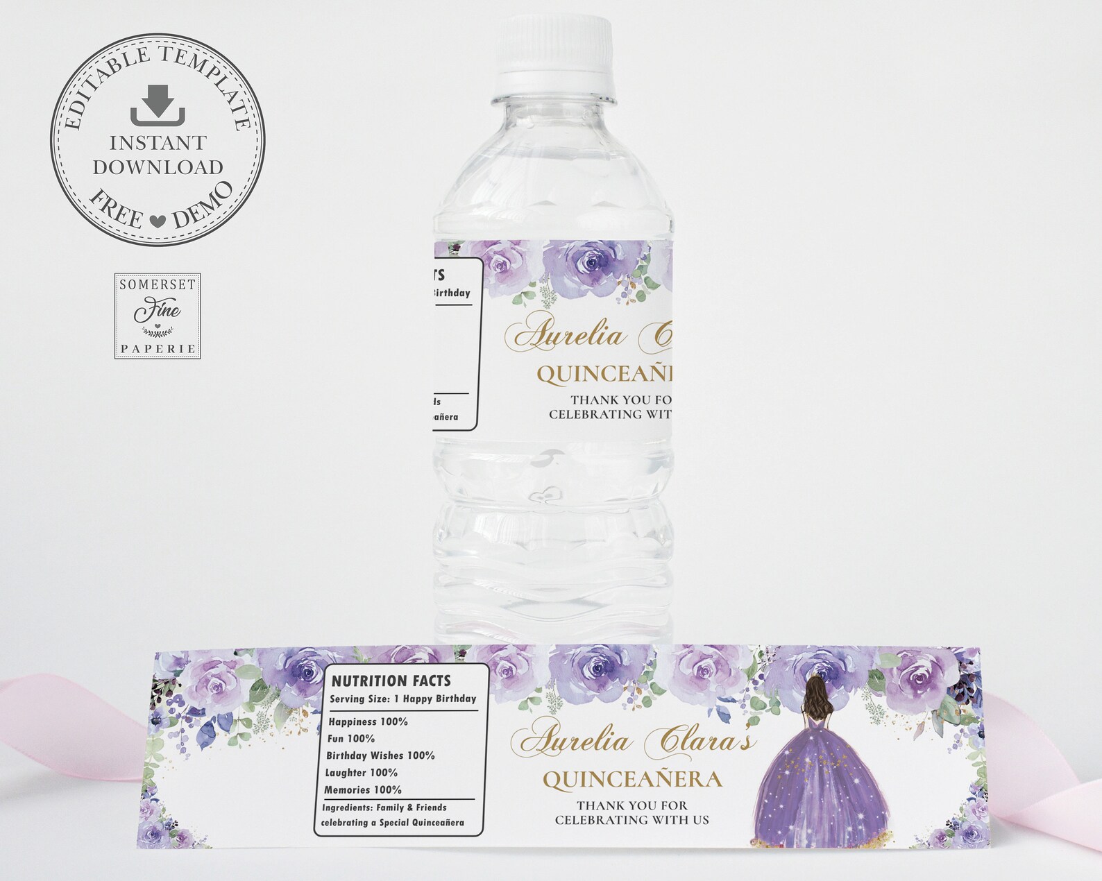 Purple Lilac Floral Quinceanera Water Bottle Label EDITABLE - Etsy