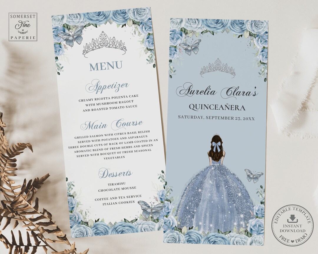 Baby Blue Floral Silver Quinceañera Menu EDITABLE TEMPLATE Butterflies ...