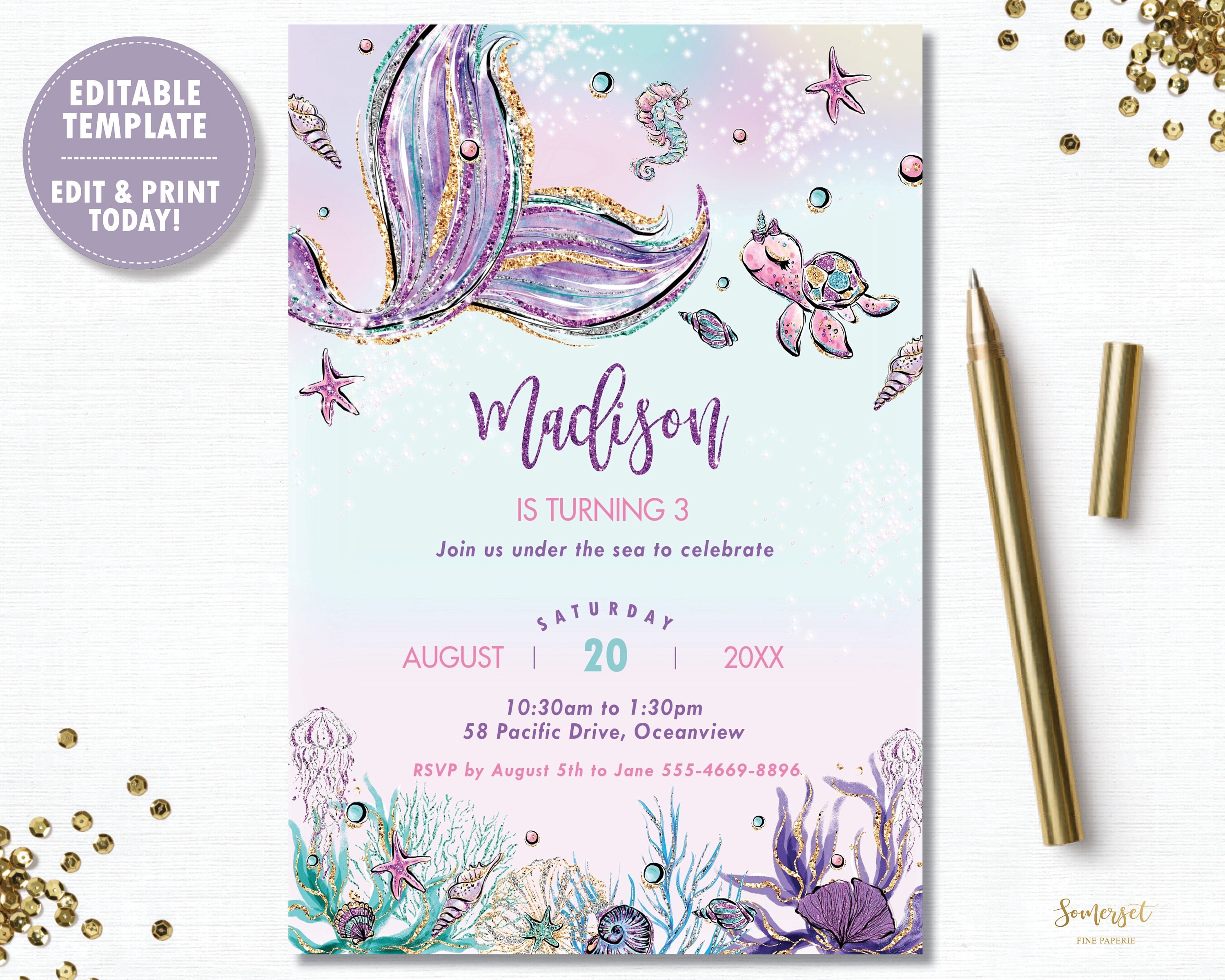 Mermaid Invitation INSTANT DOWNLOAD, Mermaid Birthday Party Invite Diy ...