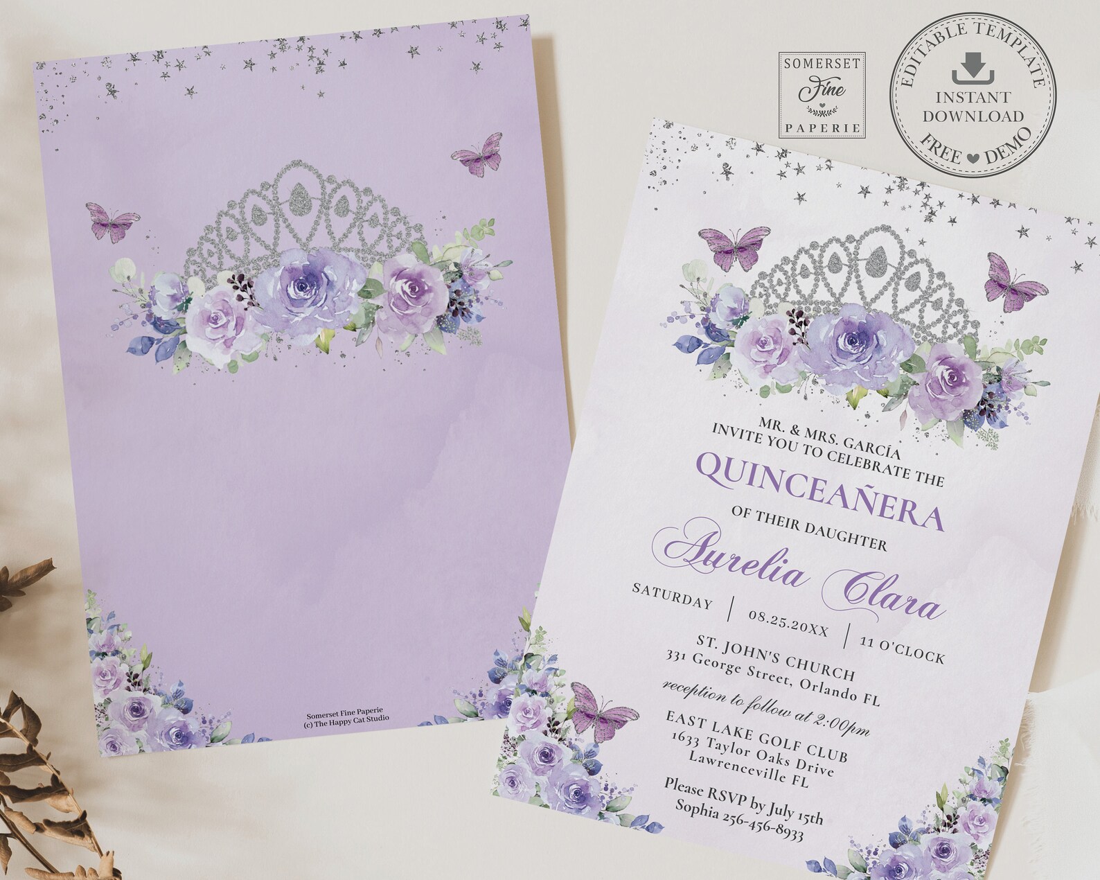 Purple Lilac Floral Quinceañera Invitation INSTANT DOWNLOAD - Etsy