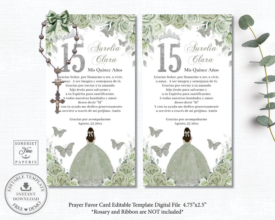 Prayer Card Rosary Favors Sage Green Floral Silver EDITABLE TEMPLATE ...