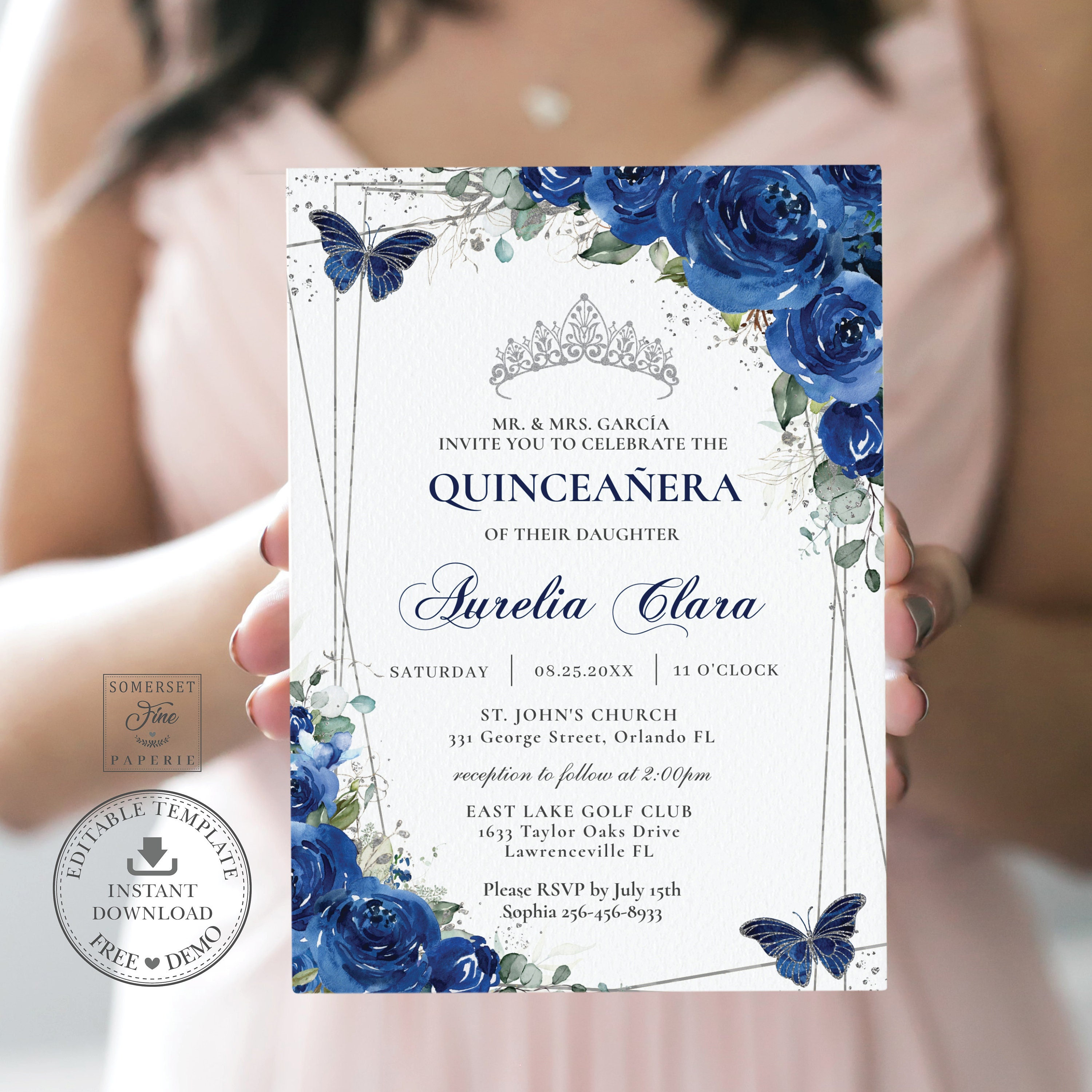 Royal Blue Floral Butterflies Silver Quinceañera Invitation - Etsy