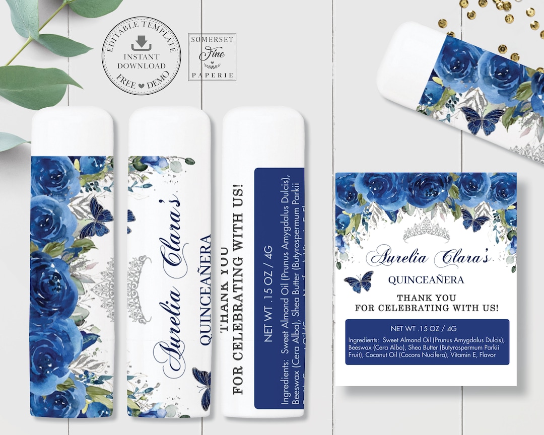 Royal Blue Floral Silver Lip Balm Labels Printable EDITABLE TEMPLATE 4g ...