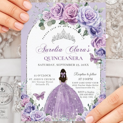 Lavender Lilac Purple Floral Silver Quinceañera Invitation - Etsy