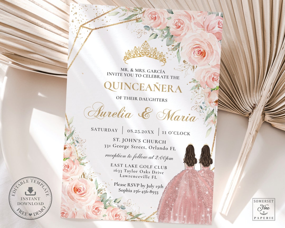 Soft Blush Pink Floral Roses Quinceañera Invitation INSTANT DOWNLOAD ...