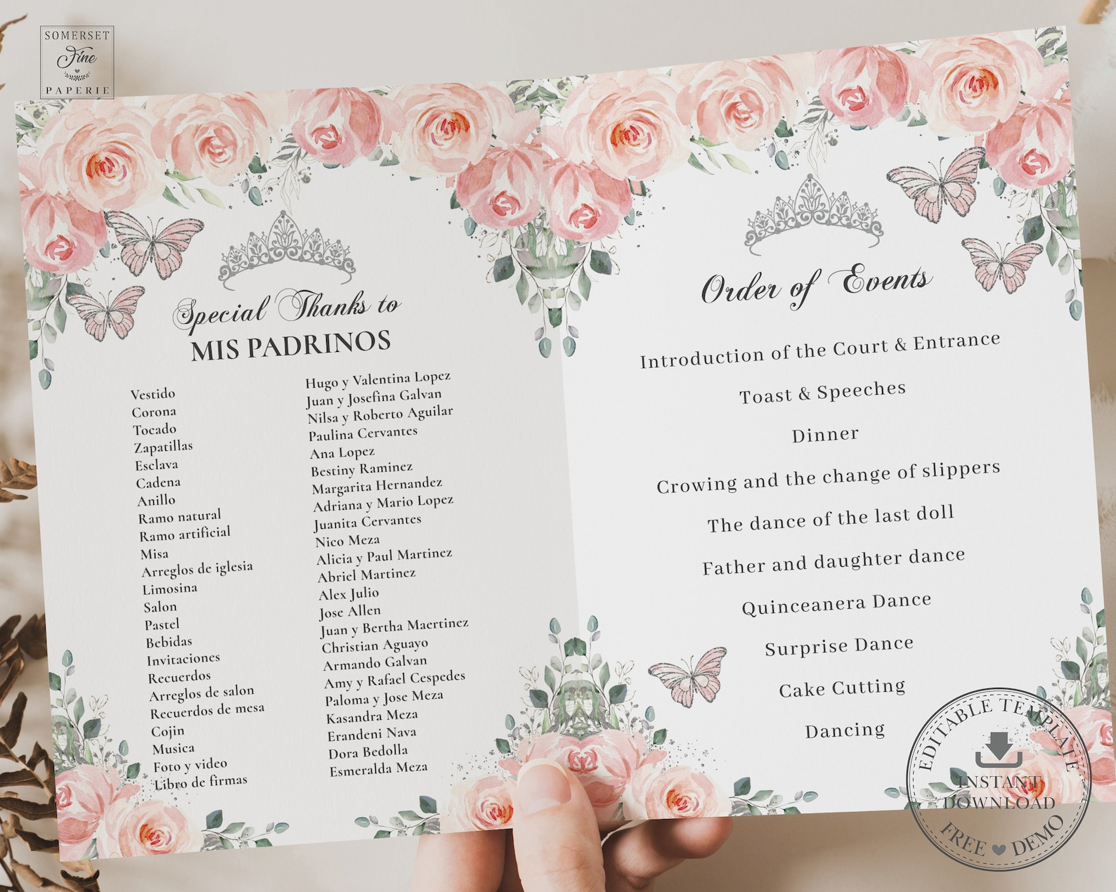 Blush Pink Floral Silver Butterflies Quinceañera Program Printable ...