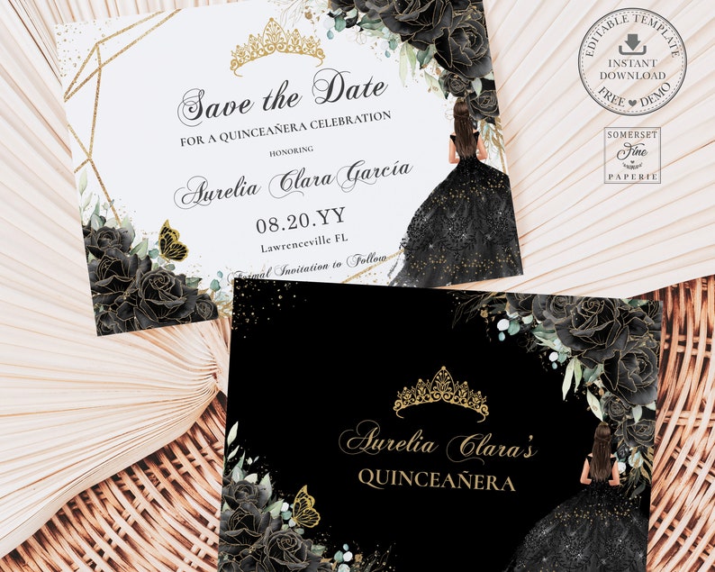Black Floral Roses Quinceañera Save the Date Card EDITABLE - Etsy