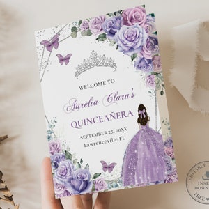 Purple Lilac Lavender Floral Silver Butterflies Quinceañera Program ...