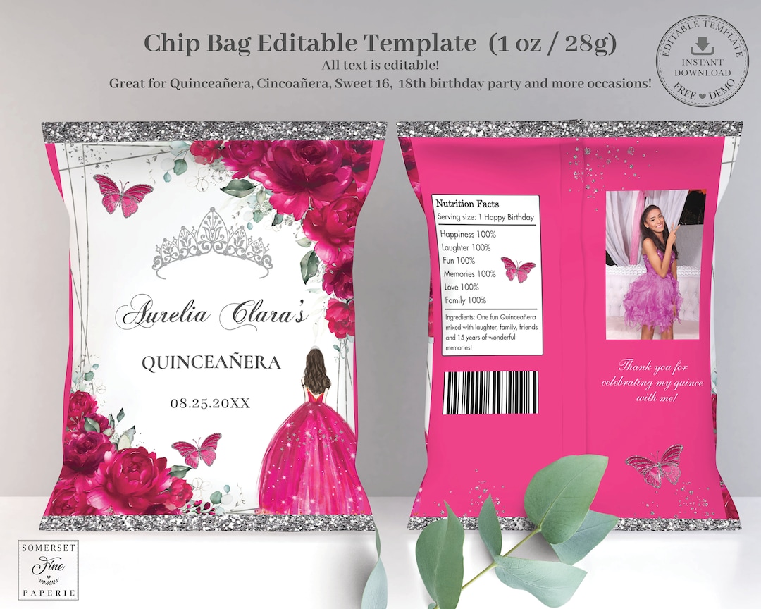 EDITABLE TEMPLATE Chip Bag Fuchsia Hot Pink Floral Butterflies Princess ...
