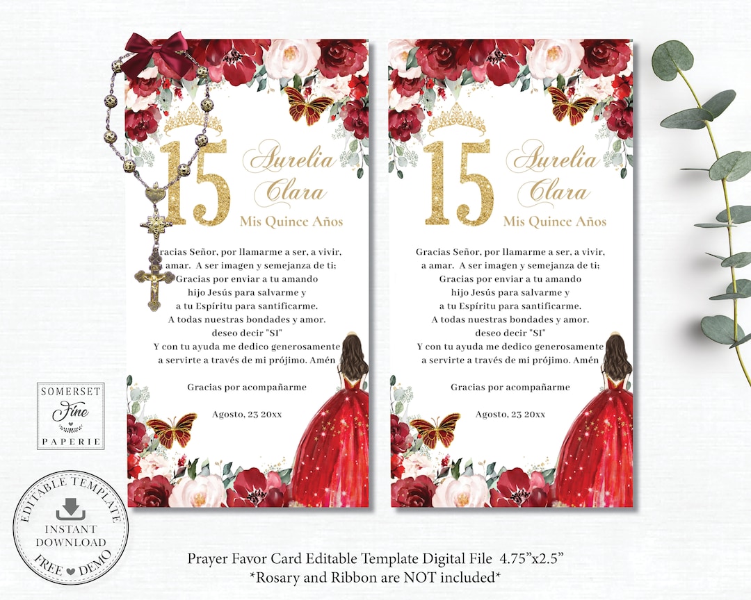Prayer Card Rosary Favor Red Blush Pink Floral EDITABLE TEMPLATE ...