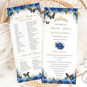 EDITABLE Slim Royal Blue Floral Gold Quinceanera Program Quince XV ...