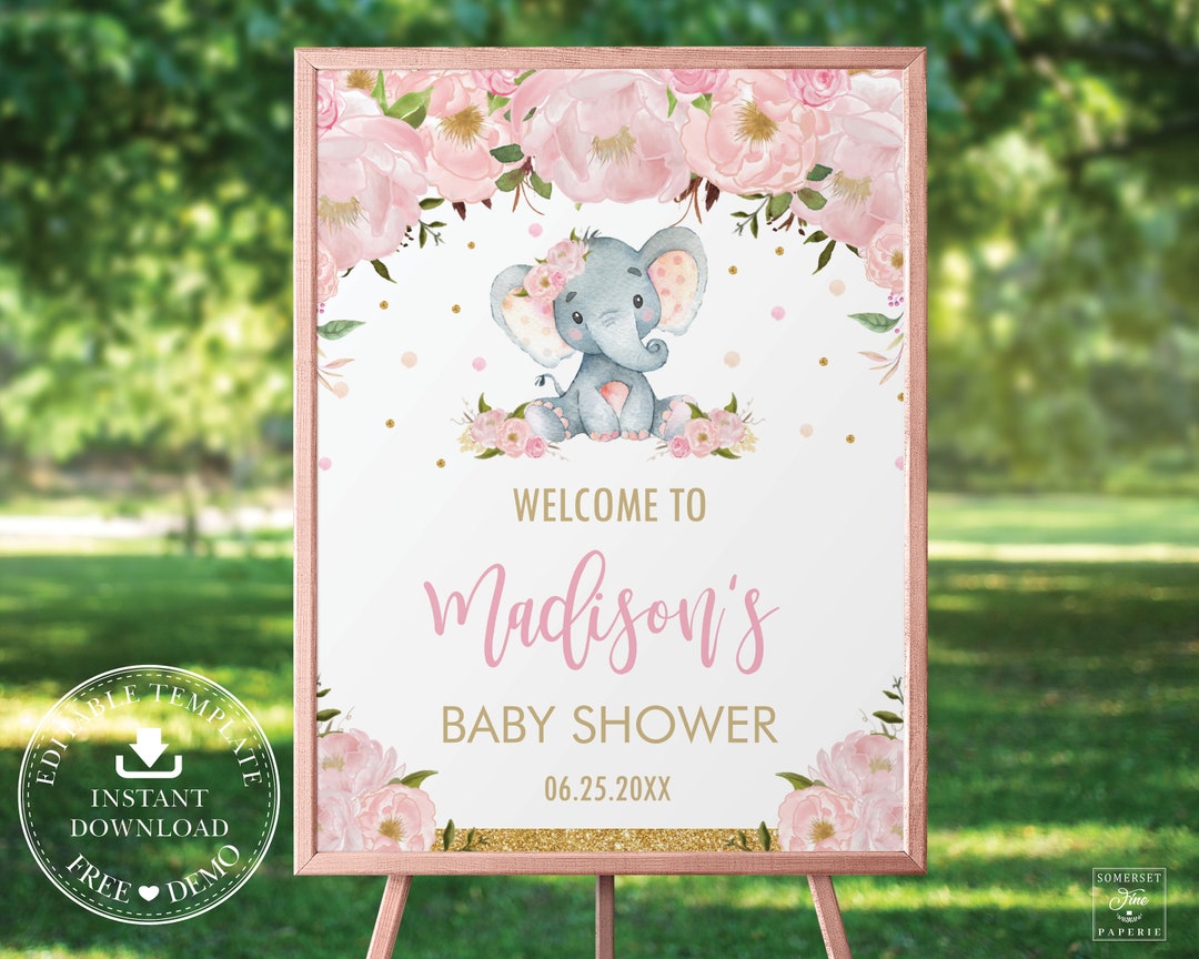 Pink Floral Elephant Welcome Sign, EDITABLE TEMPLATE, Elephant Baby ...