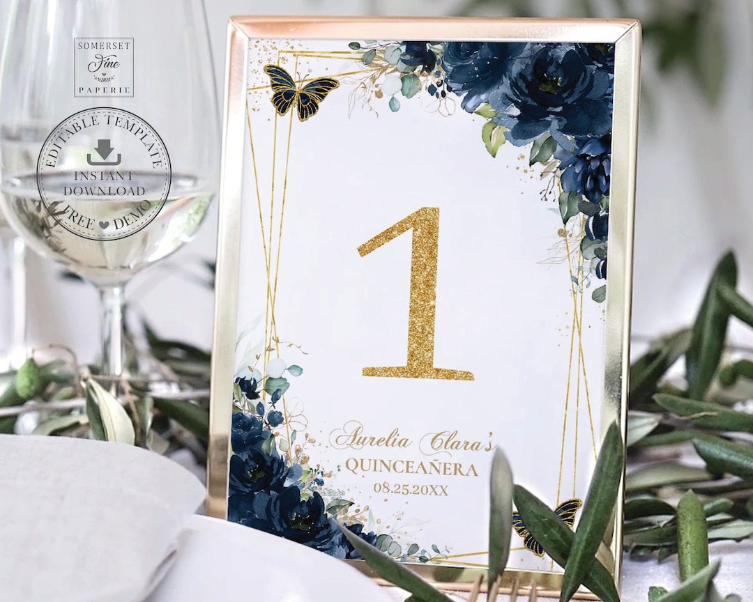 EDITABLE Dark Navy Blue Floral Gold Butterflies Table Number ...