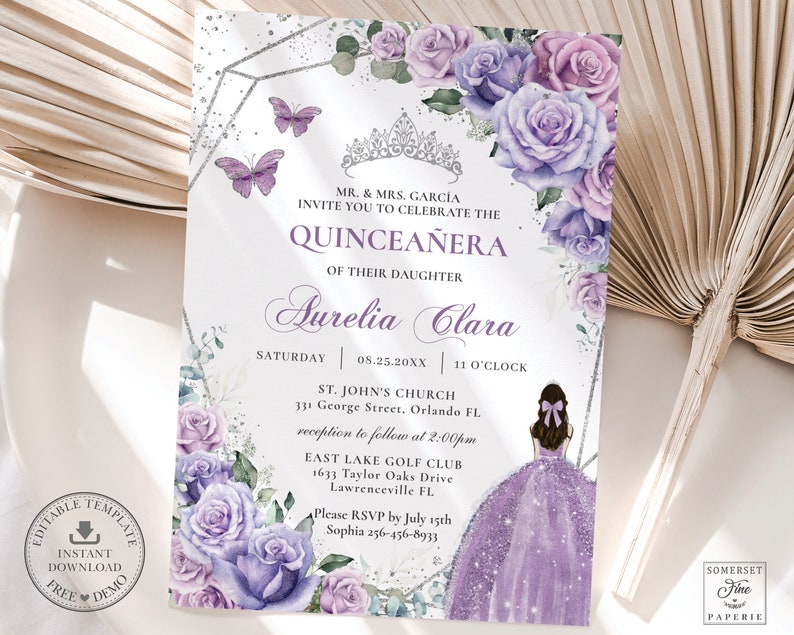 Lavender Lilac Purple Floral Silver Quinceañera Invitation - Etsy