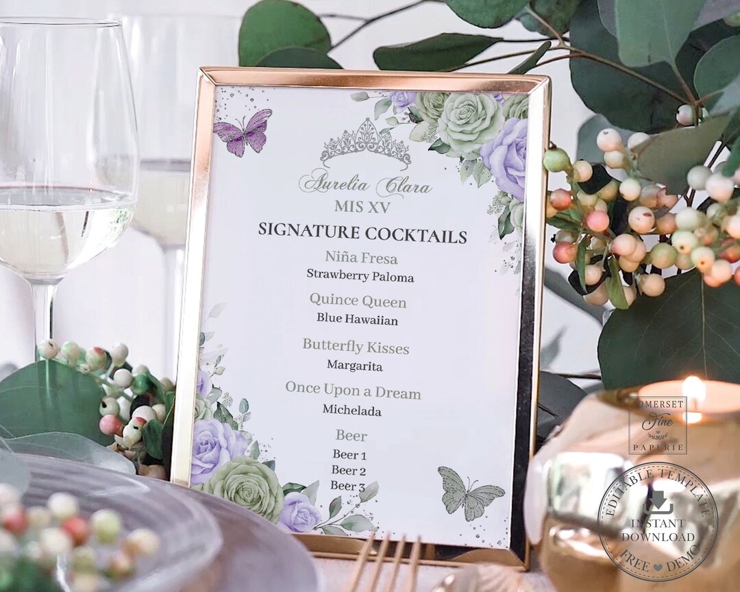 Sage Green Purple Lavender Floral Butterflies Silver Sweet 16 Bar Menu ...