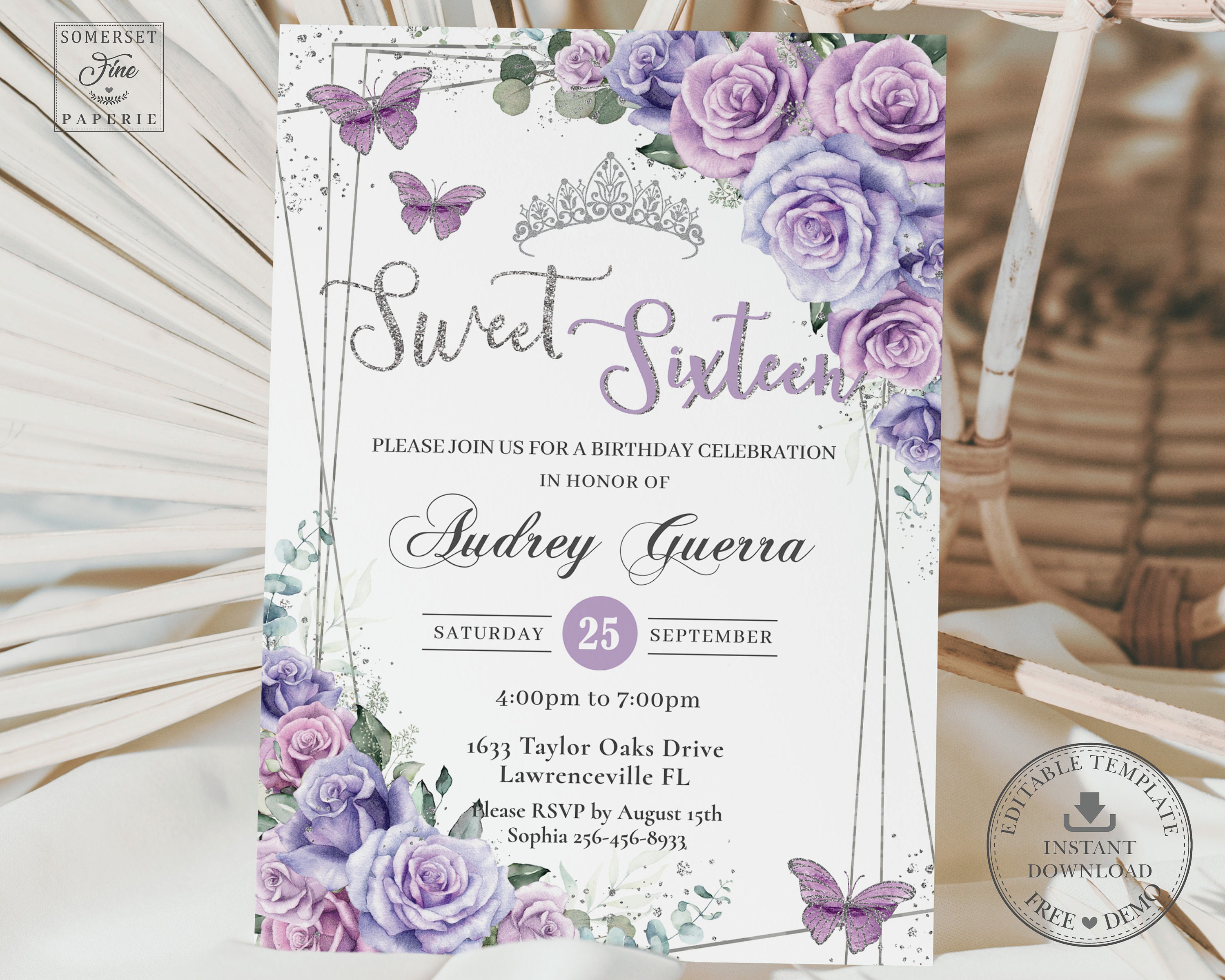 Lavender Lilac Purple Floral Sweet 16 Invitation INSTANT - Etsy