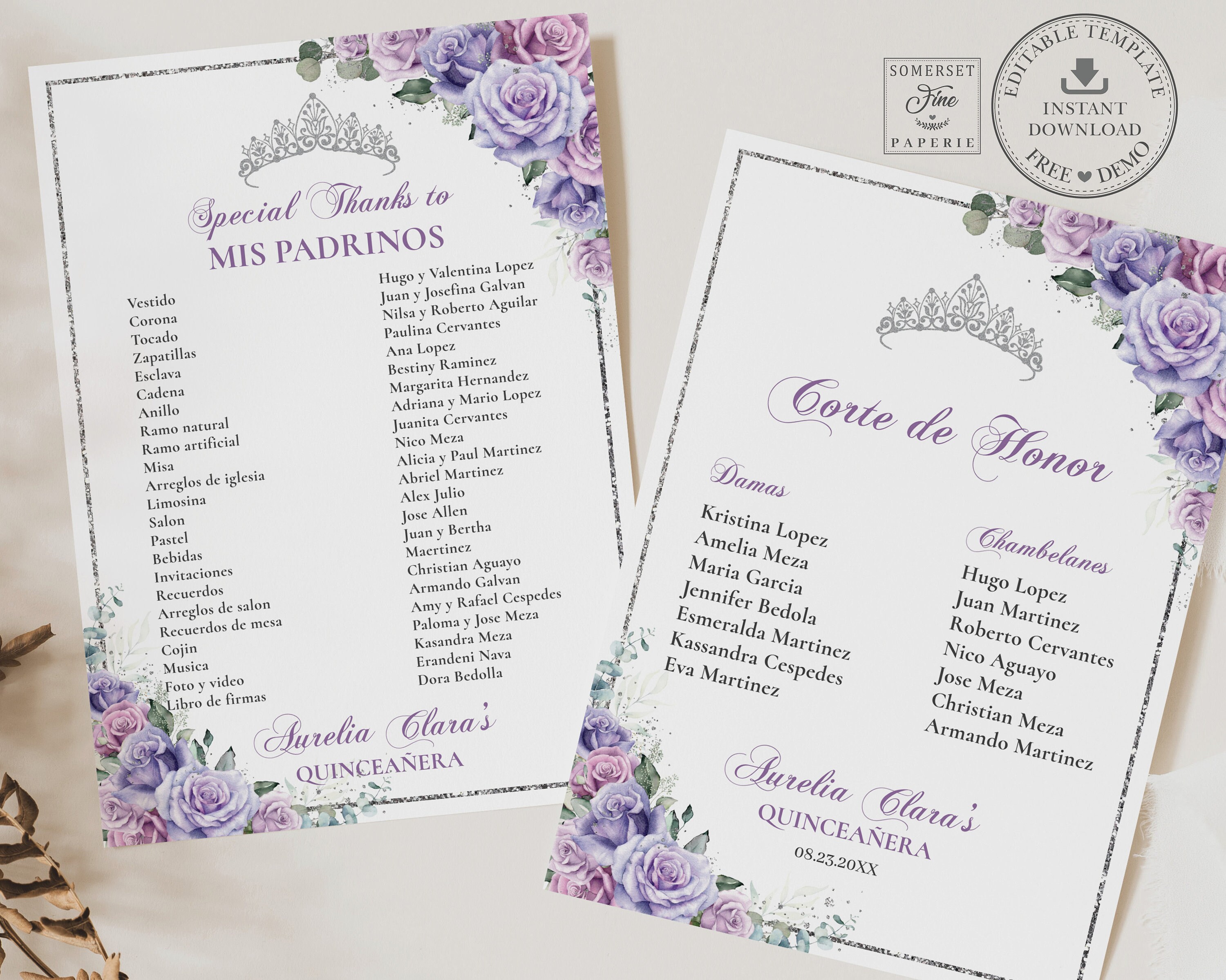 Purple Lilac Lavender Floral Silver Quinceañera Mis Padrinos List ...