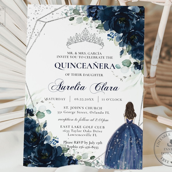Navy Blue and Silver Quinceanera Invitation - Etsy