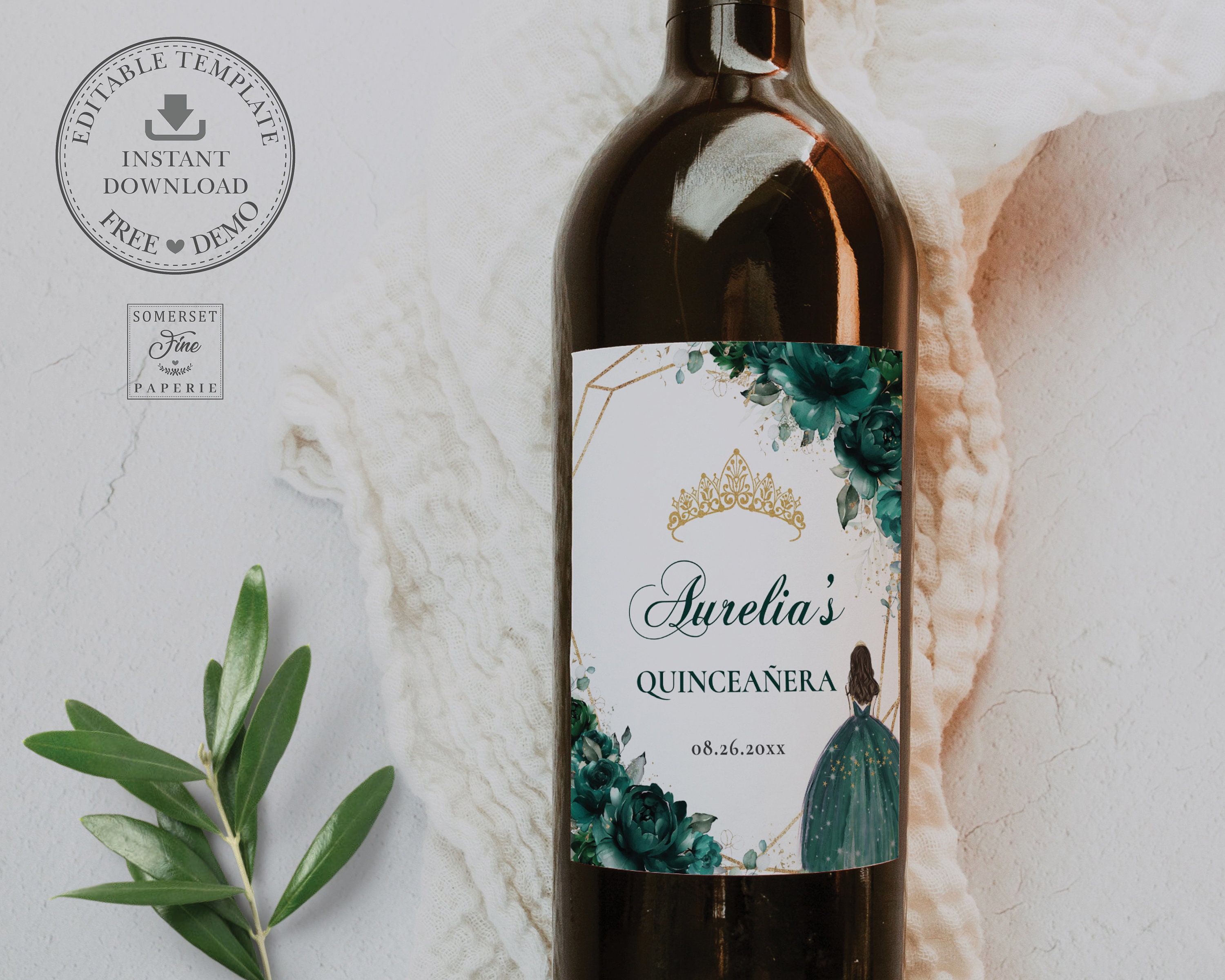EDITABLE TEMPLATE Wine Bottle Labels Emerald Green Floral - Etsy
