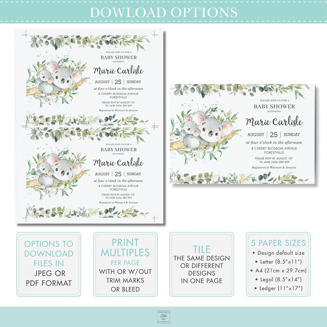Koala Invitation EDITABLE TEMPLATE Pink Floral Greenery Cute - Etsy