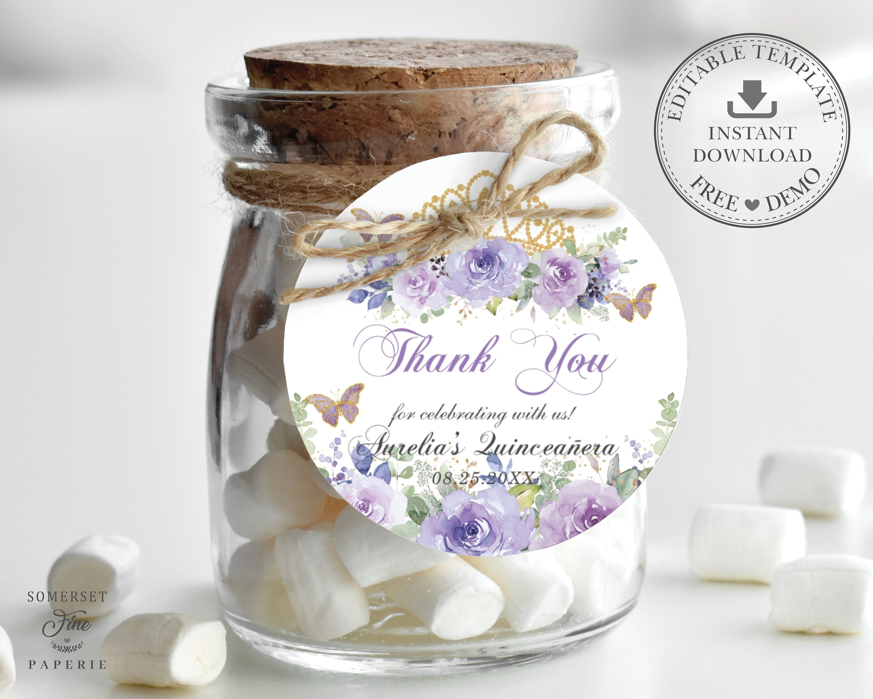 EDITABLE TEMPLATE 2" Circle Favor Label, Purple Lilac Floral Gold Crown ...